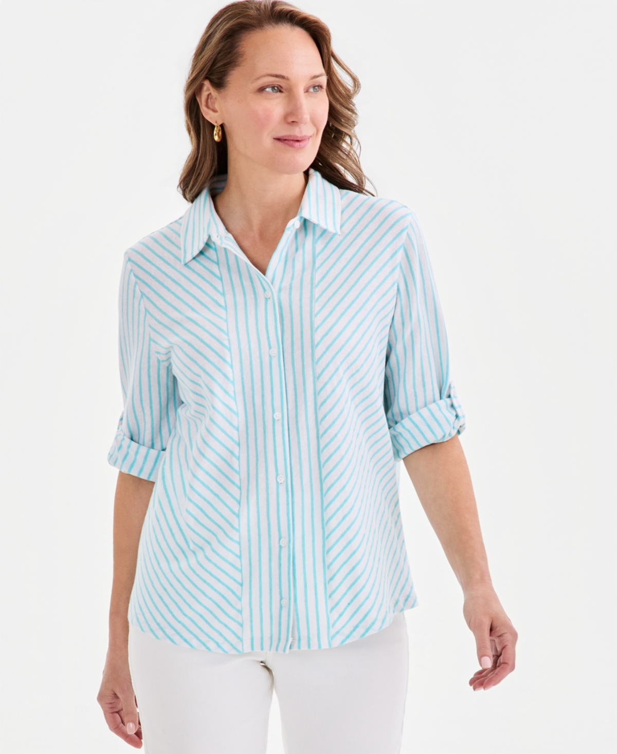 Style & Co Womens Striped Knit Button-Front Shirt  Macys Exclusive - Soft Blue Turquoise