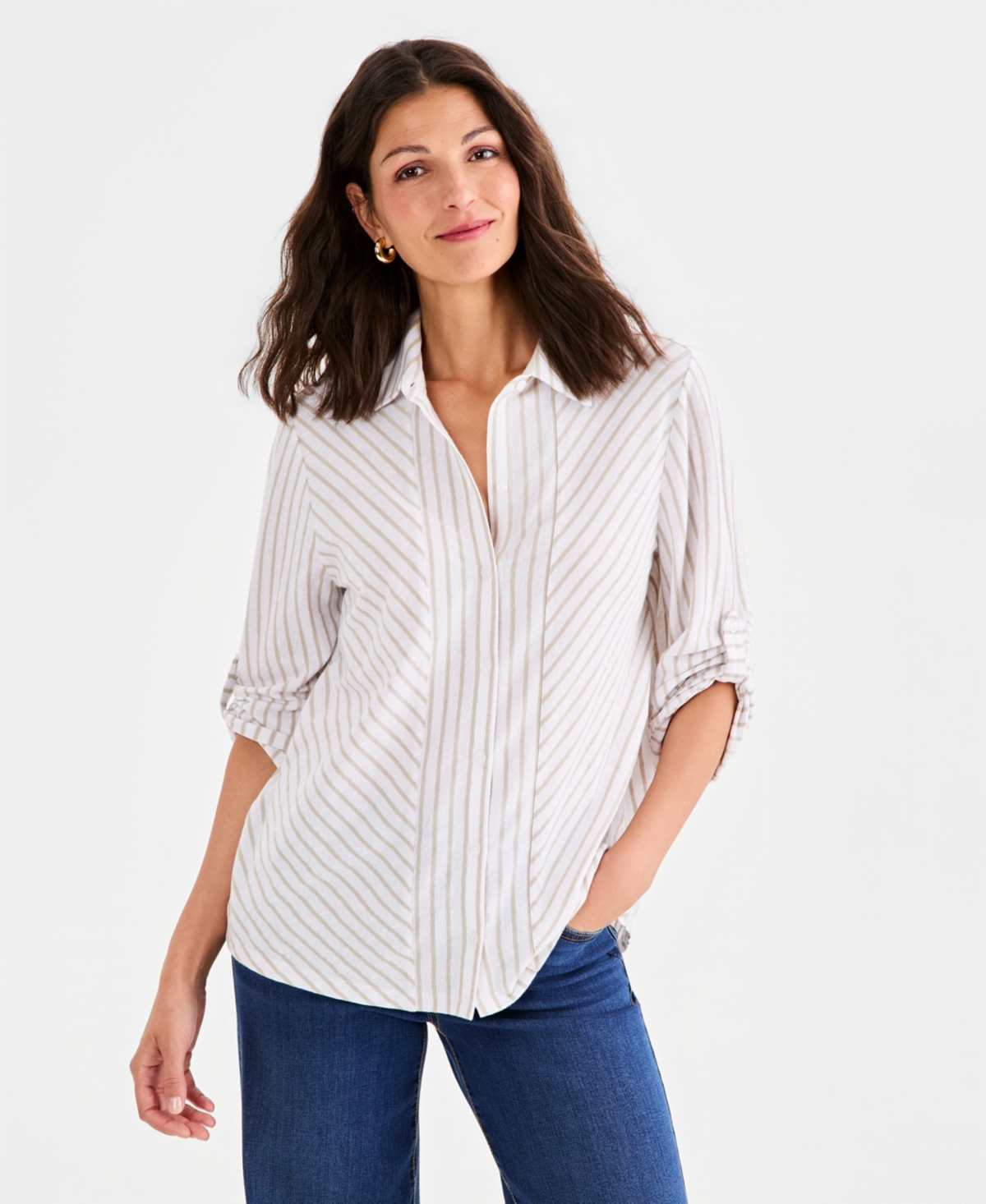 Click here for Style & Co Womens Striped Knit Button-Front Shirt... prices