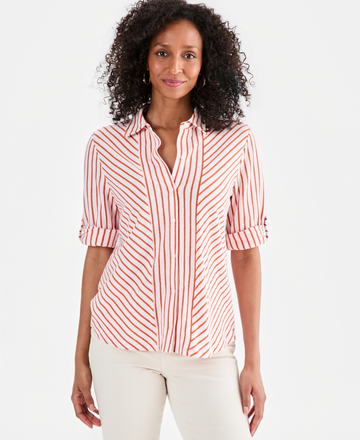 Click here for Style & Co Womens Striped Knit Button-Front Shirt... prices