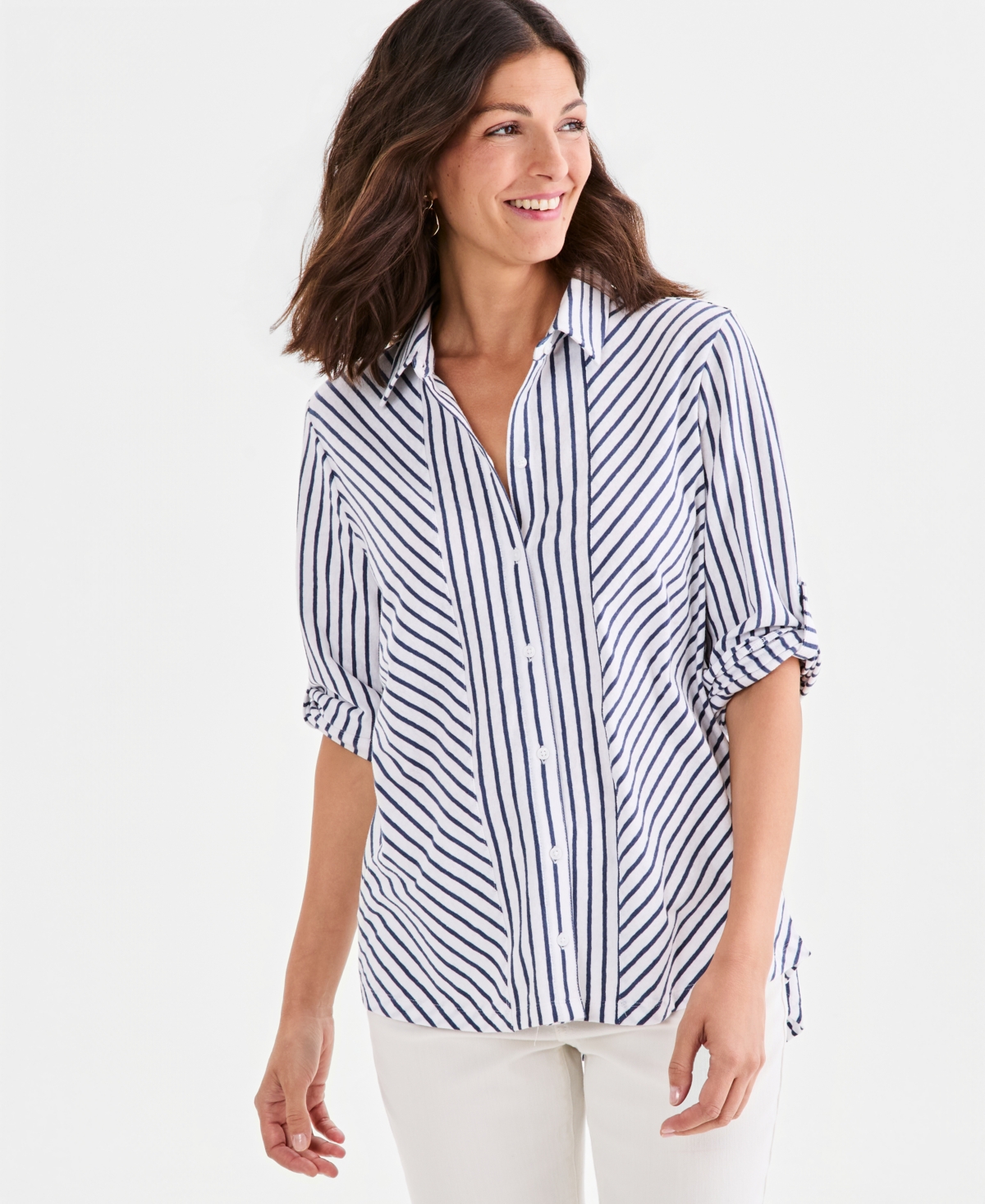 Style & Co Womens Striped Knit Button-Front Shirt  Macys Exclusive - Uniform Blue