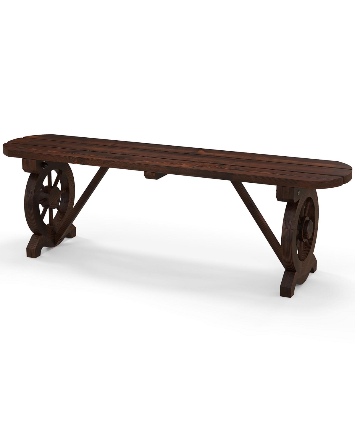 Gymax Rustic Wood Bench w/ Wagon Wheel Base Slatted Seat Design Max Load Patio - Brown