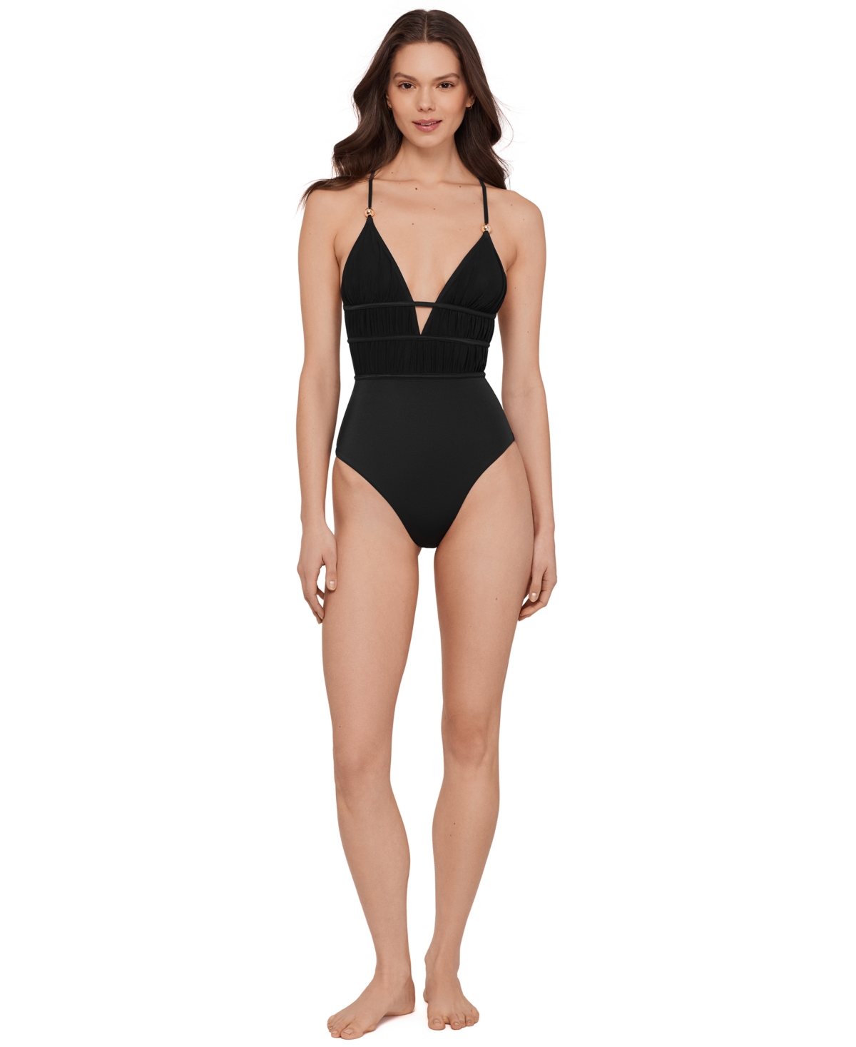 Click here for Steve Madden Womens Ruched Lace Back One-Piece Swi... prices