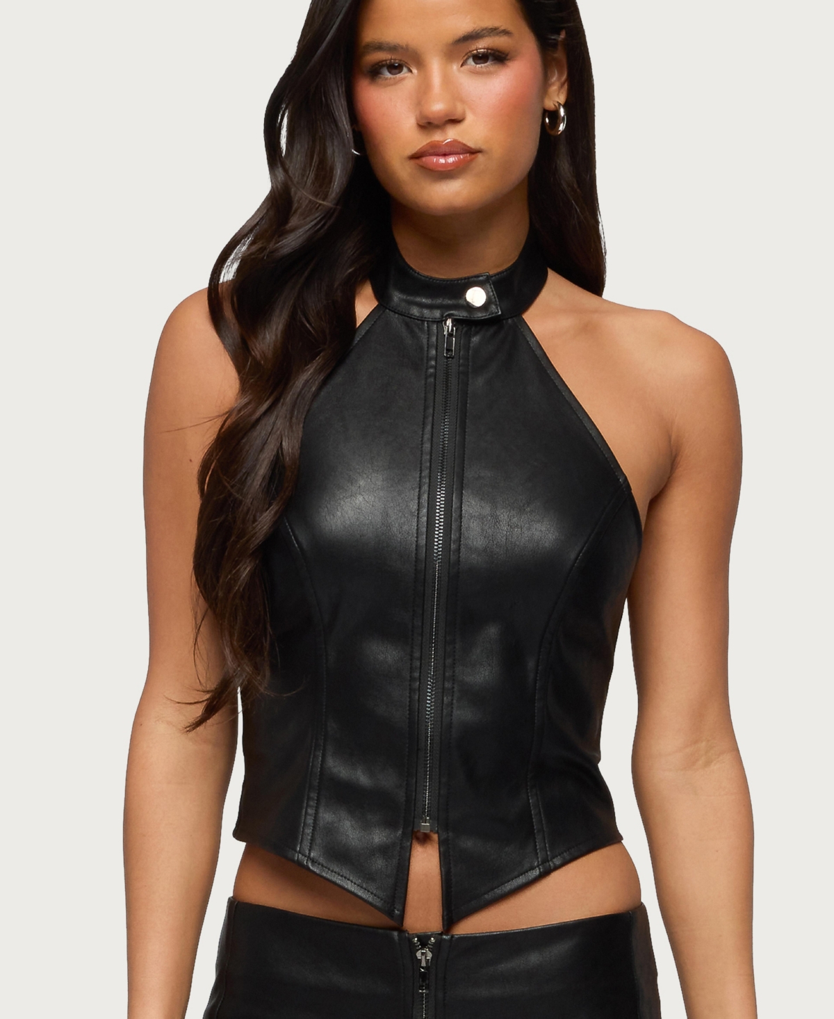 Click here for Edikted Womens Diana Zip Up Faux Leather Halter To... prices