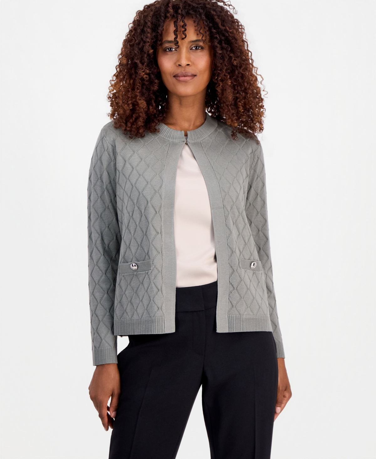 Click here for Kasper Womens Kiss-Front Diamond Stitch Cardigan -... prices