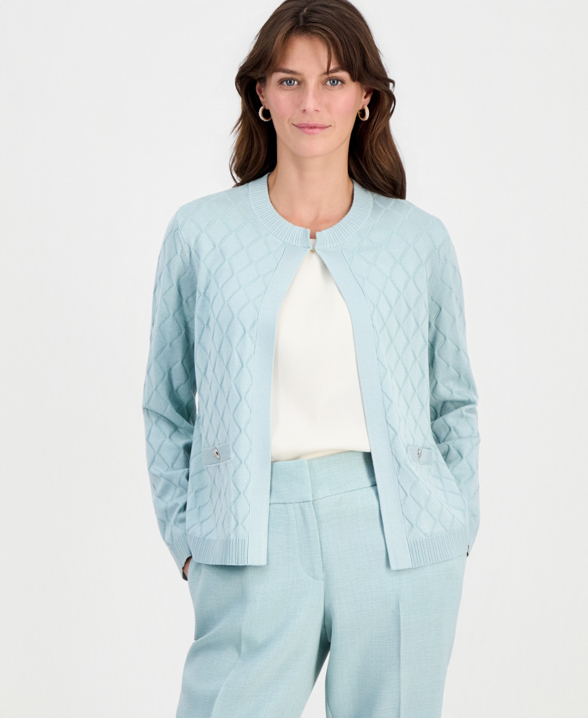 Click here for Kasper Womens Kiss-Front Diamond Stitch Cardigan -... prices