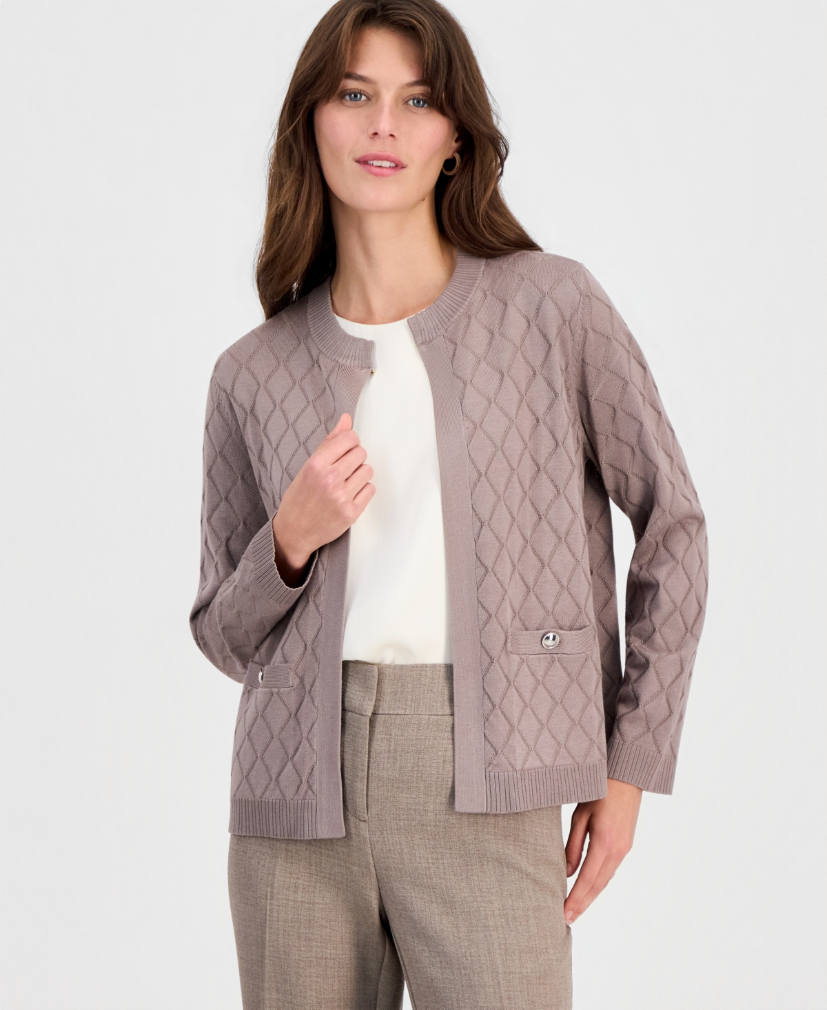 Click here for Kasper Womens Kiss-Front Diamond Stitch Cardigan -... prices