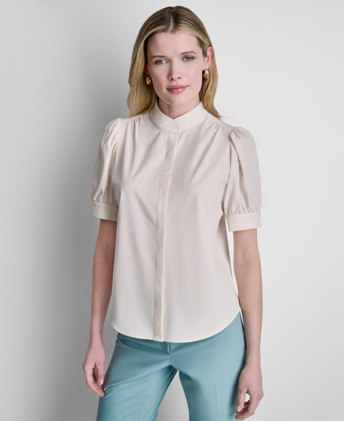 Click here for Dkny Petite Woven Mandarin Collar Blouse - Coconut prices
