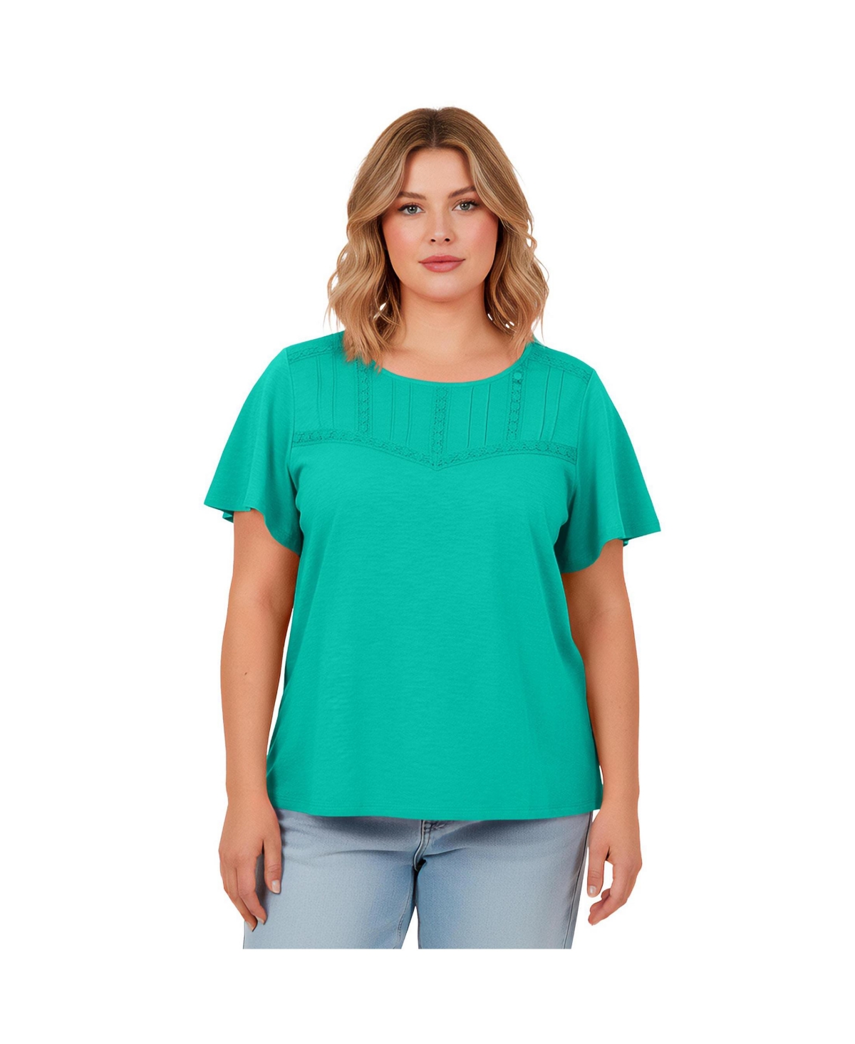 Click here for Avenue Womens Knit Lace Yoke Tee - Aqua sea prices