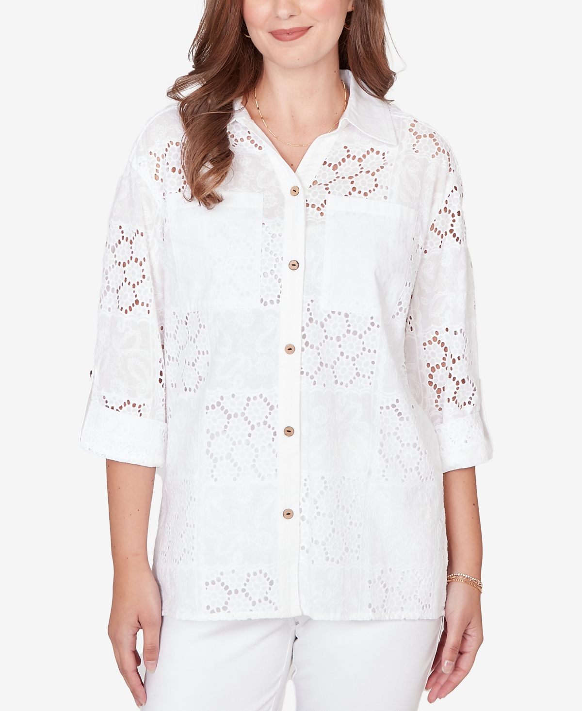 Click here for Ruby Rd. Petite Patchwork Eyelet Roll-Tab-Sleeve T... prices