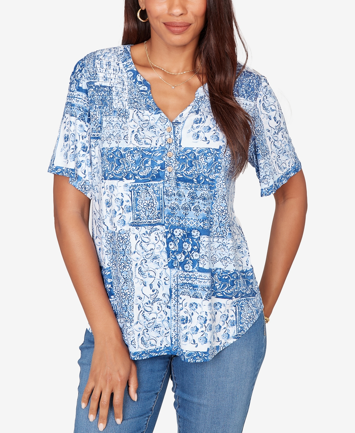 Click here for Ruby Rd. Petite Patchwork Bandana Henley T-Shirt -... prices