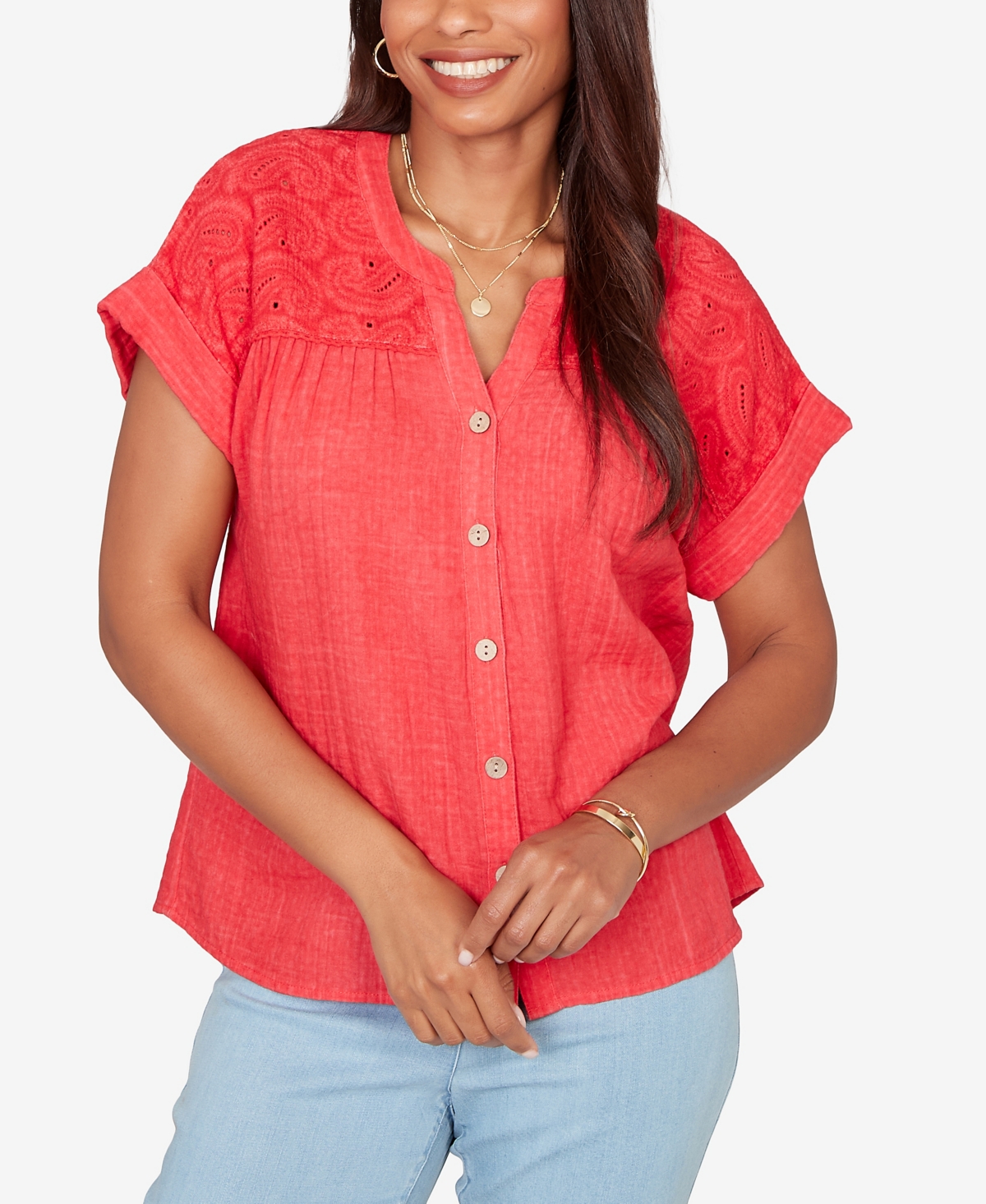 Click here for Ruby Rd. Petite Paisley Embroidered Gauze-Button T... prices