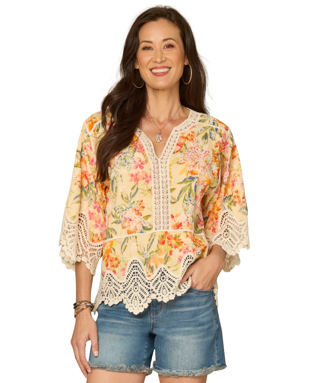 Click here for Democracy Womens V-Neck Scallop Edge Crochet Top -... prices