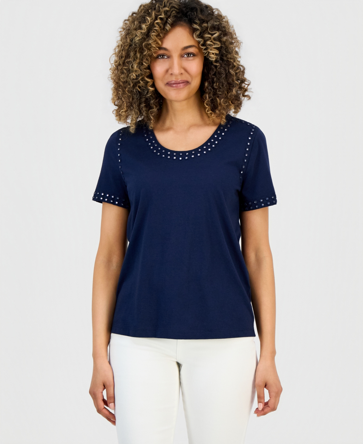 Click here for Style & Co Petite Short-Sleeve Mirror-Trim Knit To... prices