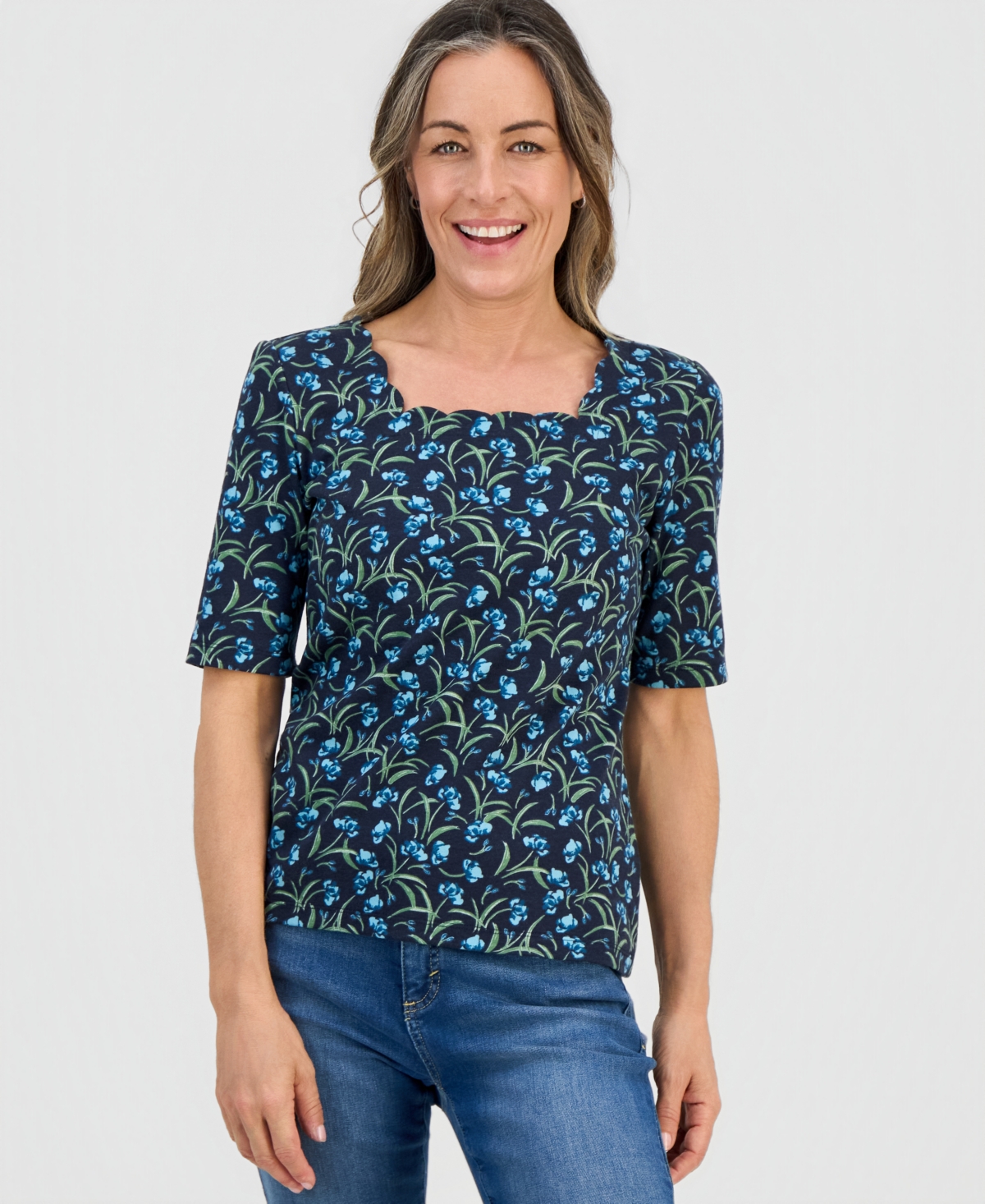 Click here for Style & Co Petite Flower Field Elbow-Sleeve Scallo... prices
