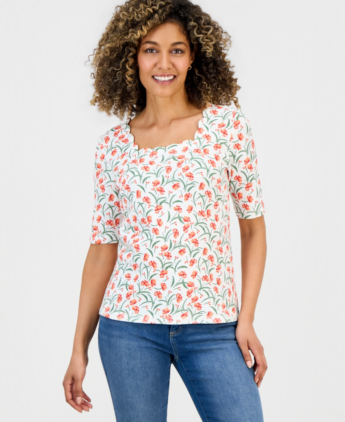Click here for Style & Co Petite Flower Field Elbow-Sleeve Scallo... prices