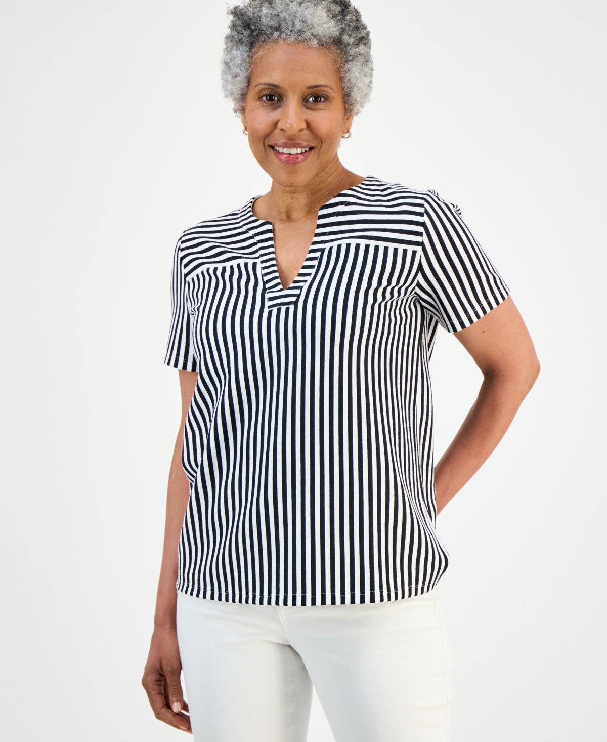 Click here for Style & Co Petite Striped Short-Sleeve Yoke Top  M... prices