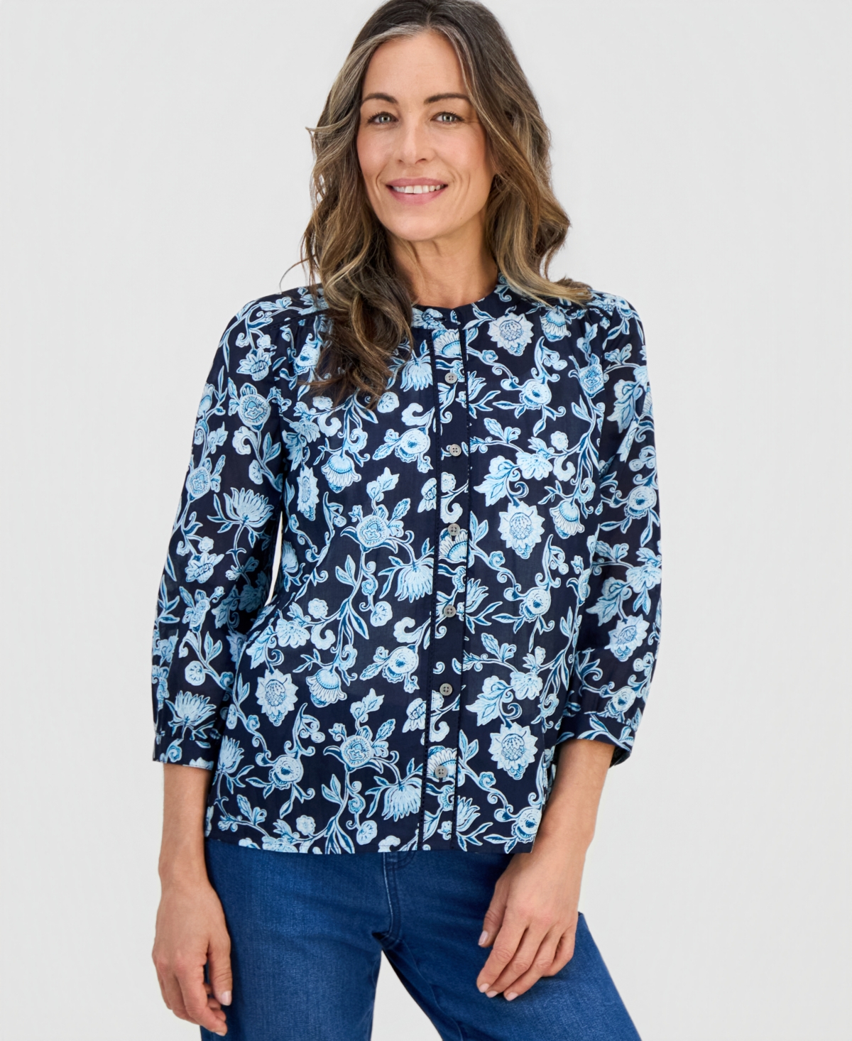 Click here for Style & Co Petite Cotton Printed Band-Collar Blous... prices