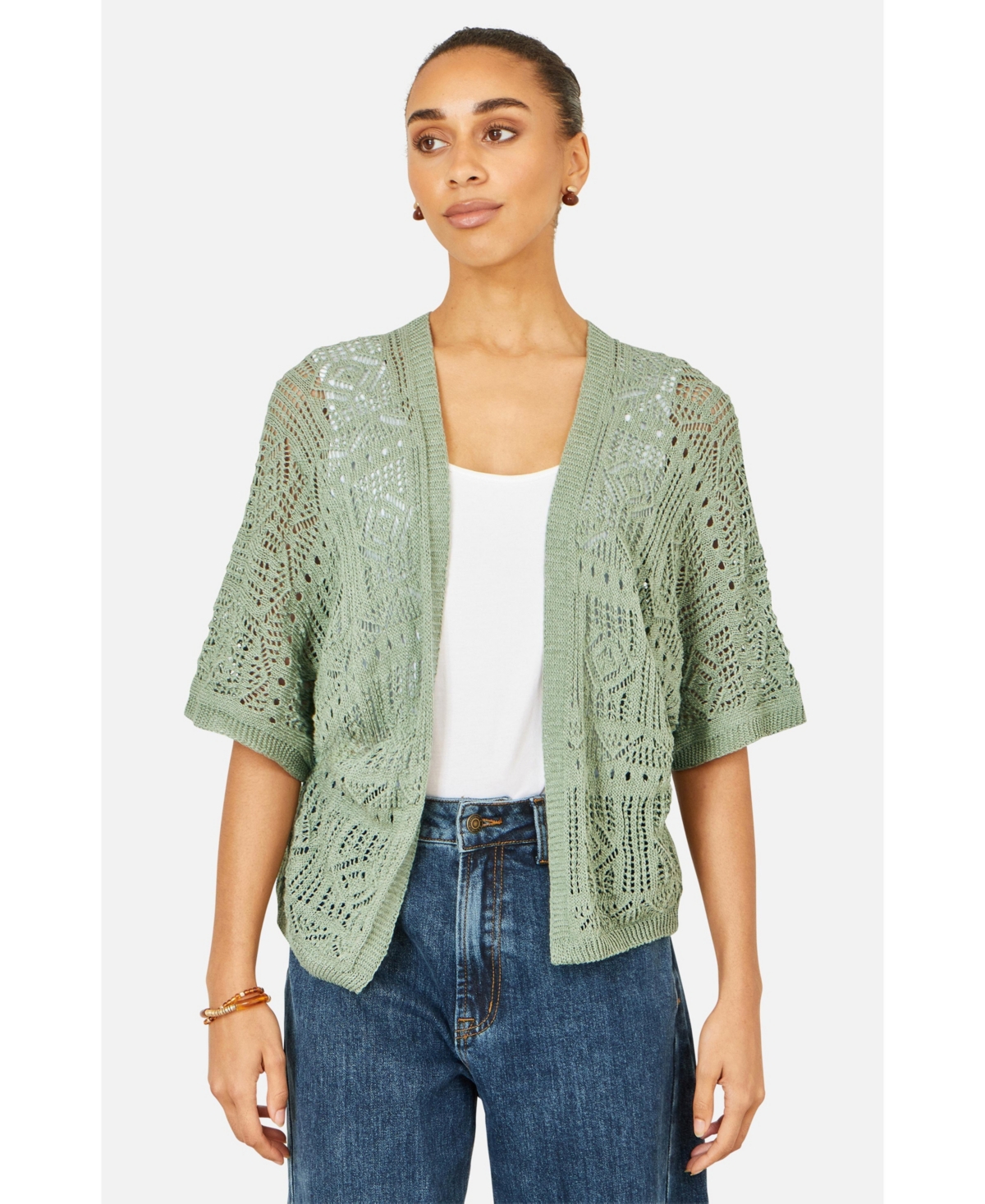Click here for Yumi Womens Crochet Edge To Edge Cardigan - Sage g... prices