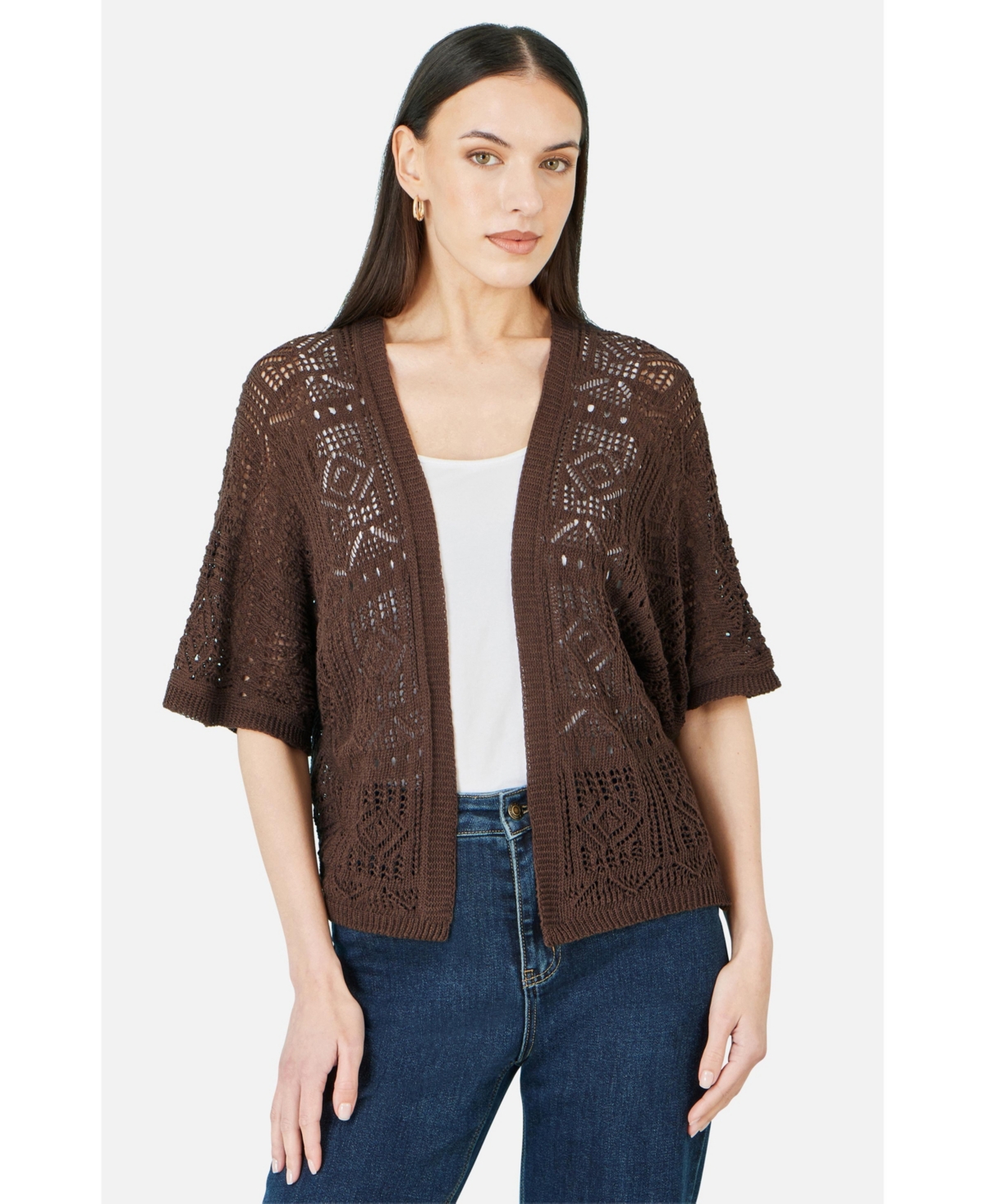 Click here for Yumi Womens Crochet Edge To Edge Cardigan - Brown prices