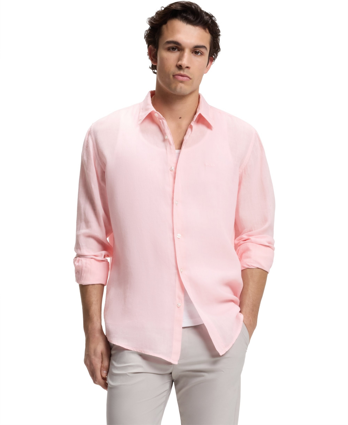 Click here for Boss By Hugo Boss Mens Linen Regular-Fit Dress Shi... prices