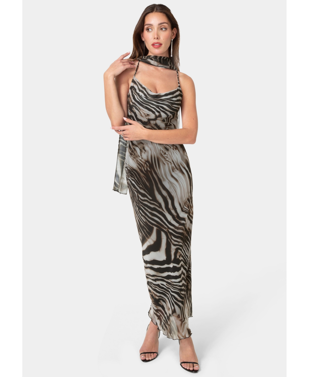 Click here for Bebe Womens Printed Chiffon Cowl Maxi Dress - Brow... prices