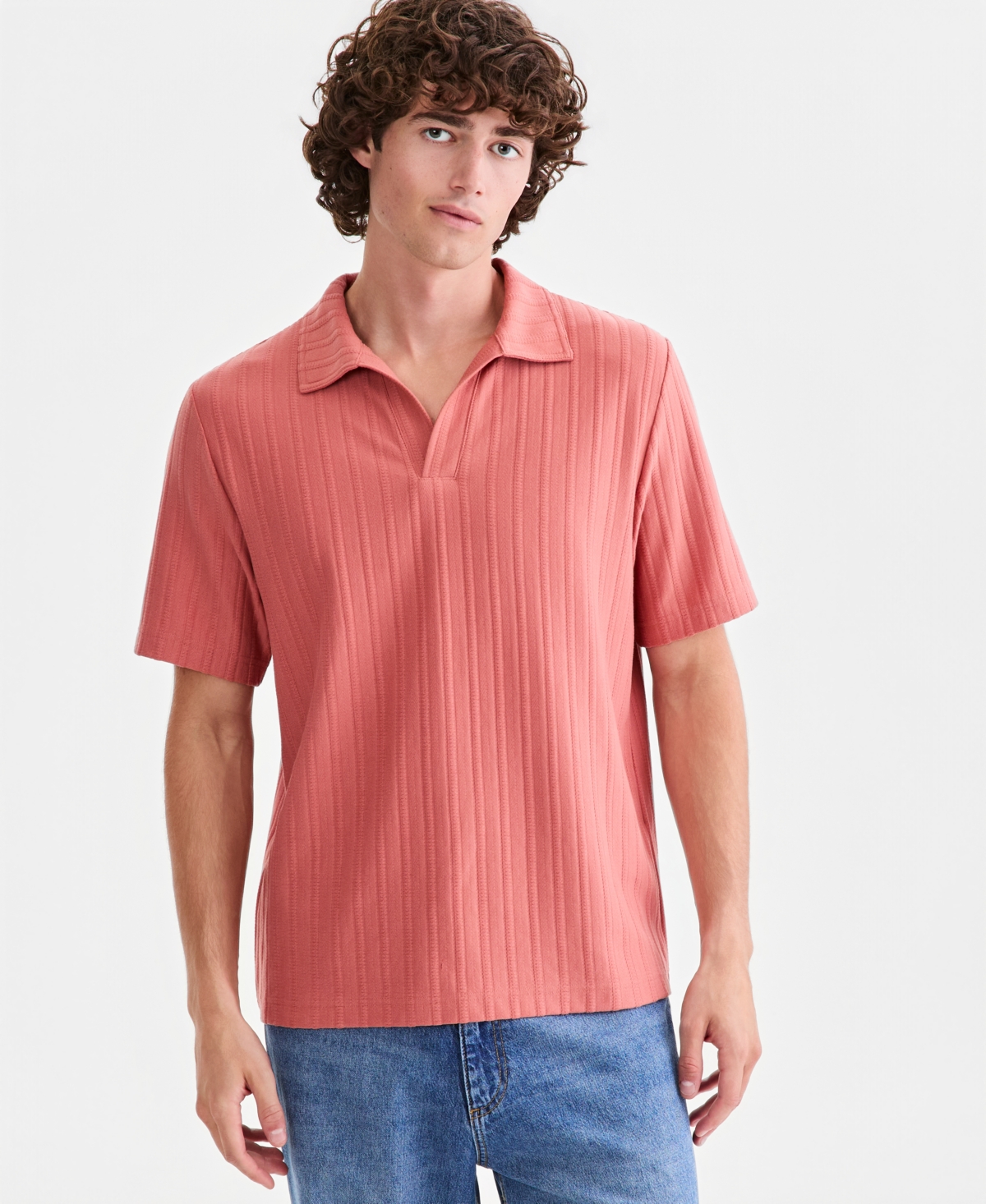 Click here for Sun + Stone Mens Textured Johnny-Collar Polo Shirt... prices