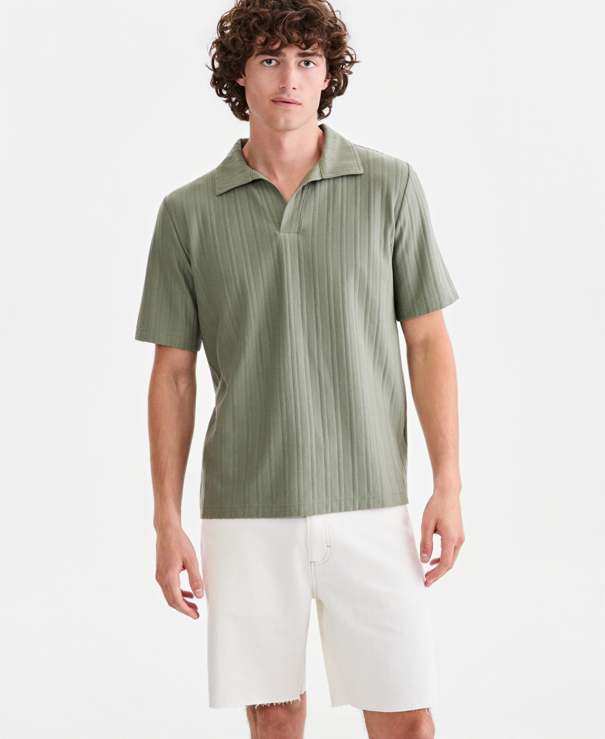 Click here for Sun + Stone Mens Textured Johnny-Collar Polo Shirt... prices