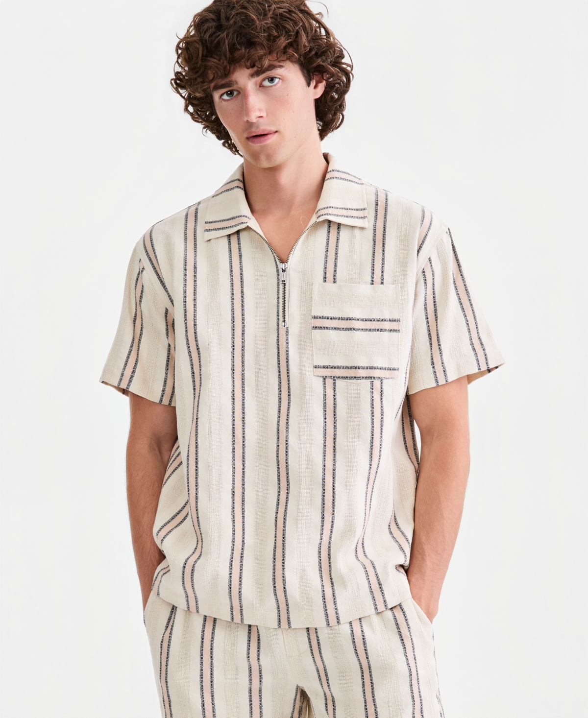Click here for Sun + Stone Mens Roan Cotton Striped Quarter-Zip S... prices