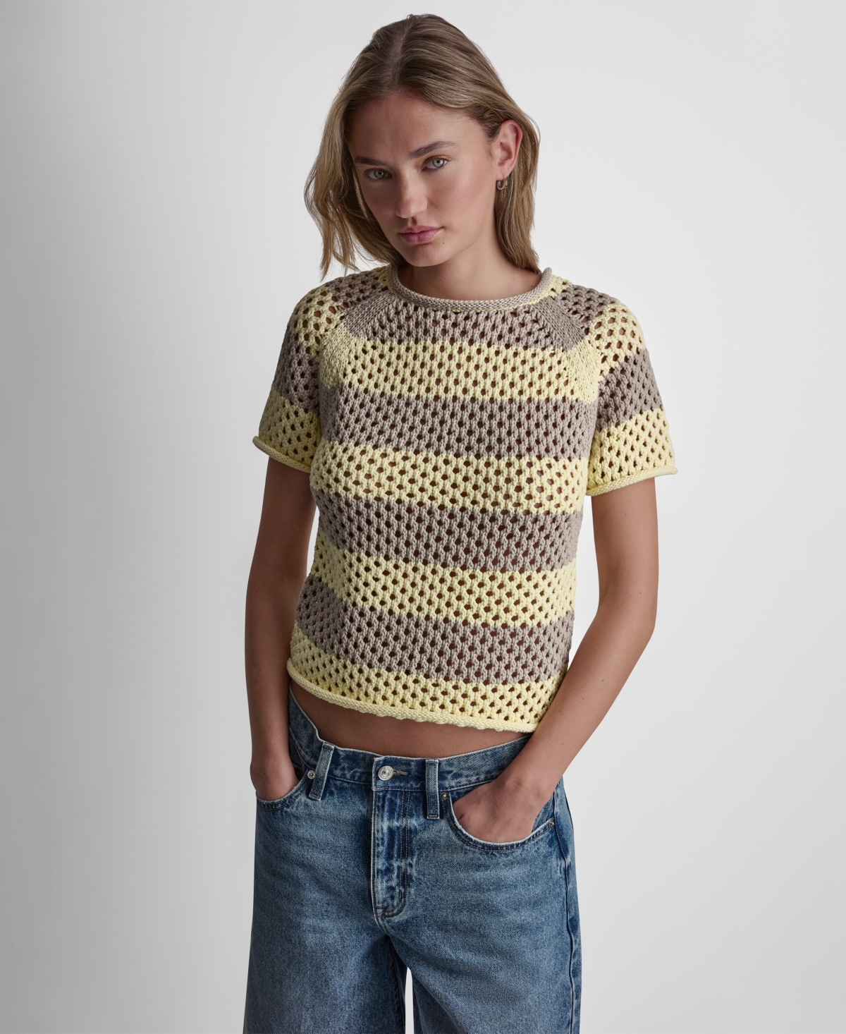 Click here for Dkny Jeans Womens Stripe Pointelle Cropped Pull-On... prices