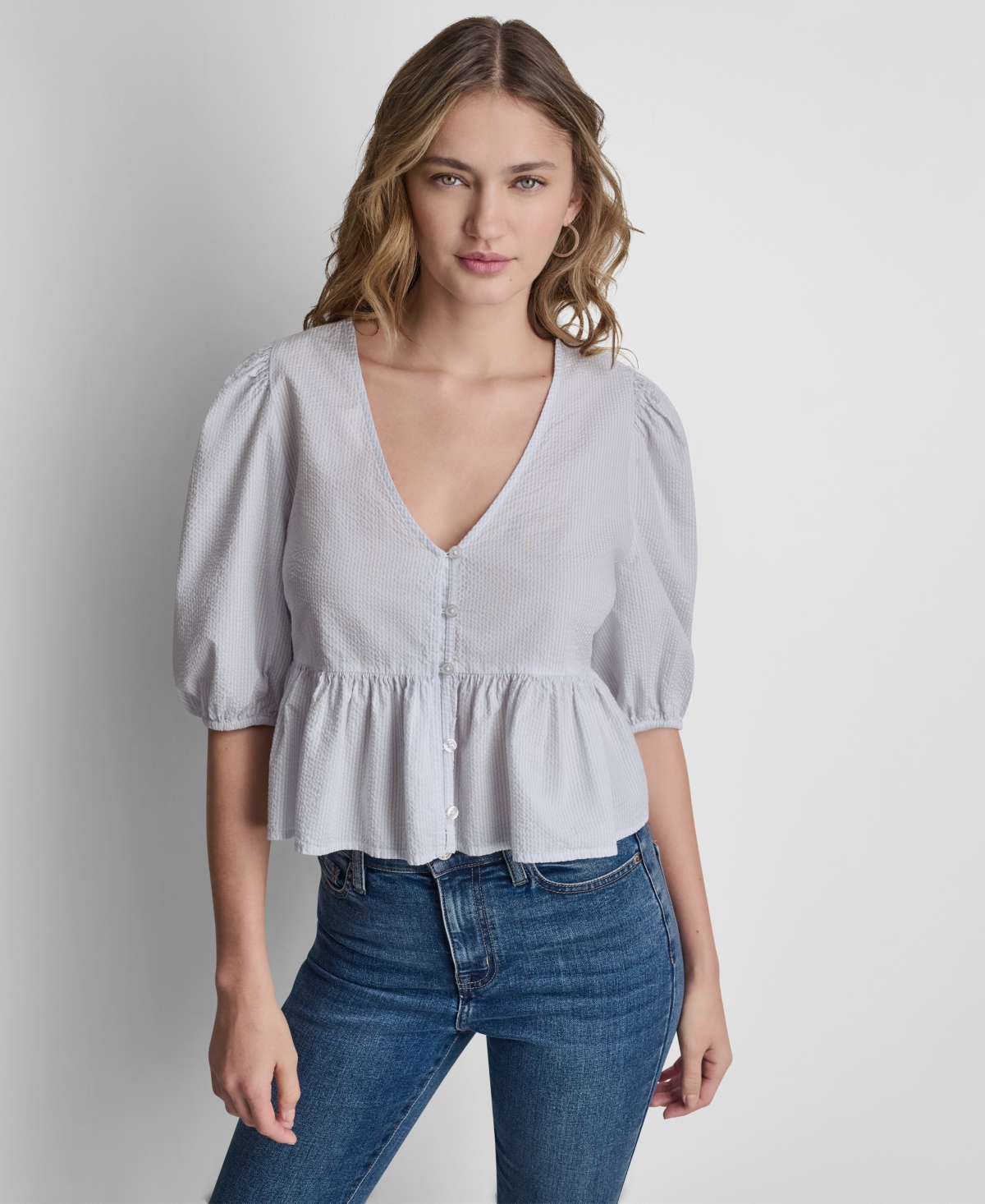 Click here for Dkny Jeans Womens V-Neck Button-Front Shirt - Fros... prices