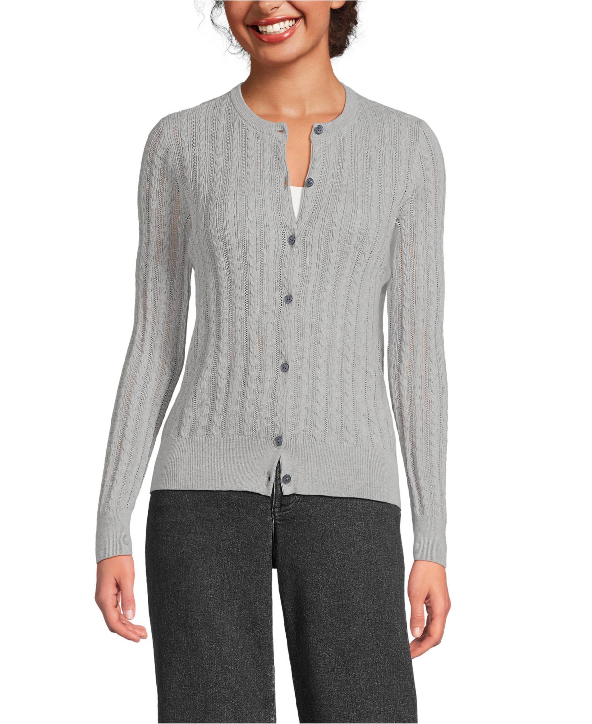 Click here for Lands End Womens Cotton Pointelle Modern Cardigan... prices