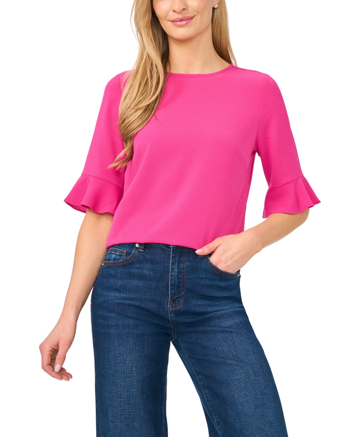 CeCe Womens Ruffled-Cuff 3/4-Sleeve Crew Neck Top - Magenta