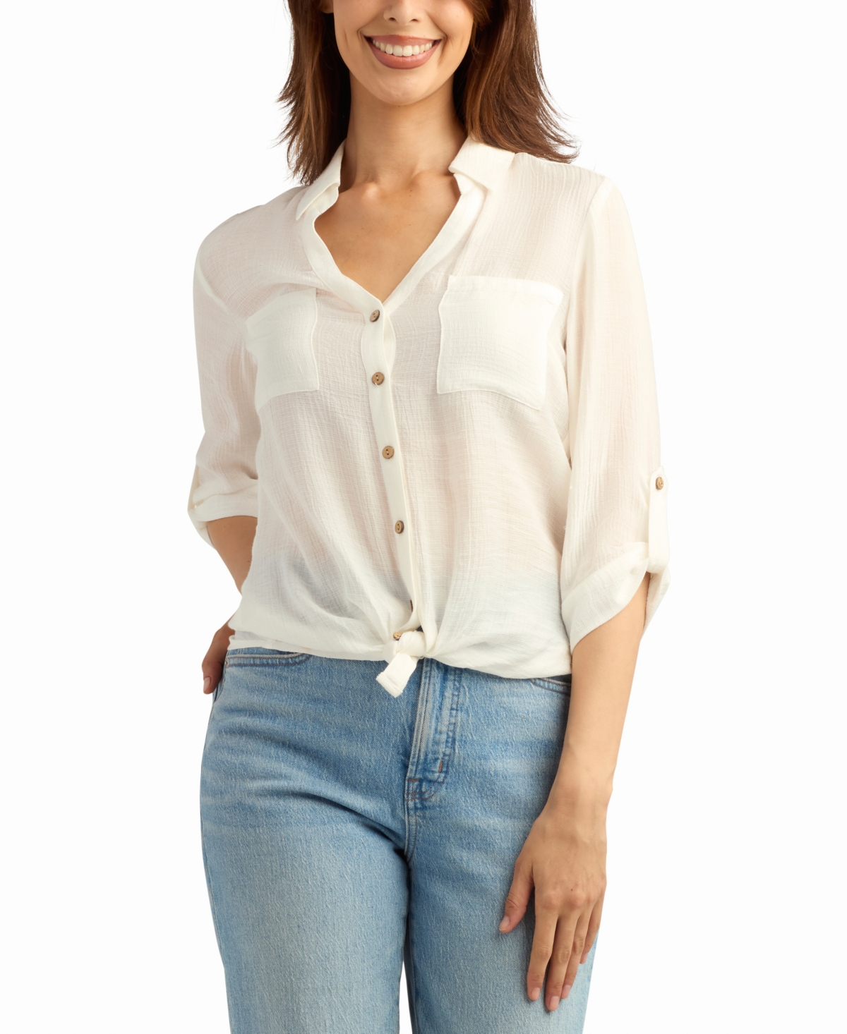 Click here for Bcx Womens Texture Gauze Button-Up Shirt - Off Whi... prices