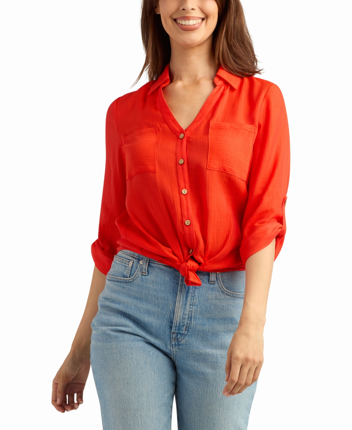 Click here for Bcx Womens Texture Gauze Button-Up Shirt - Poppy prices
