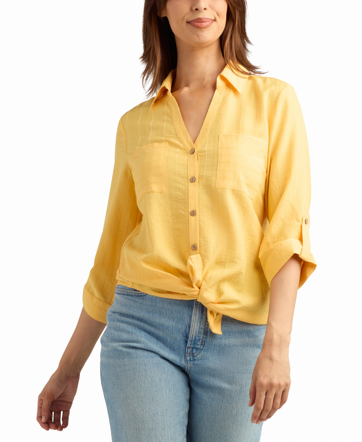 Click here for Bcx Womens Heavy Dobby Stripe Button-Up Shirt - Ye... prices