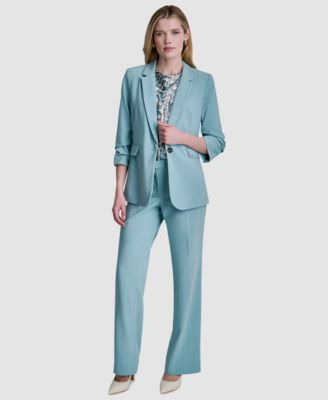 Dkny Womens Notch Collar Ruched Sleeve Blazer Printed Cowl Neck Blouse Mid Rise Ankle Length Pants