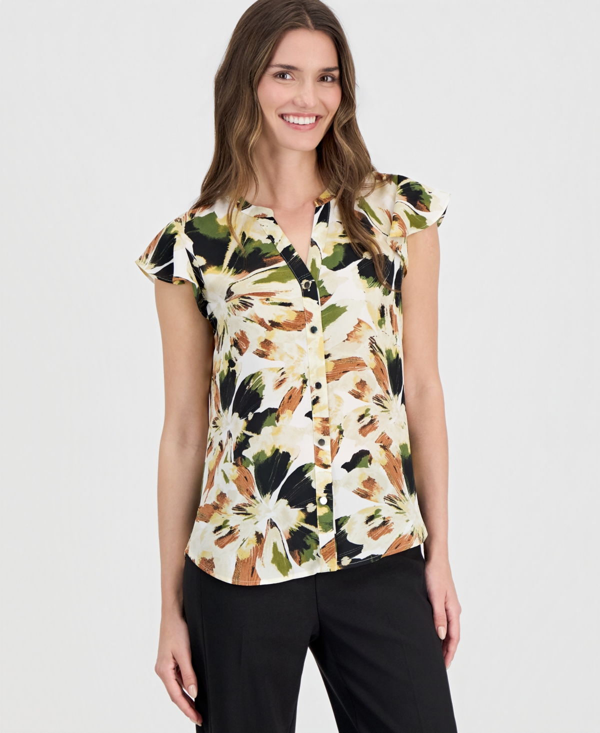 Click here for Anne Klein Womens Printed Split-Neck Flutter-Sleev... prices