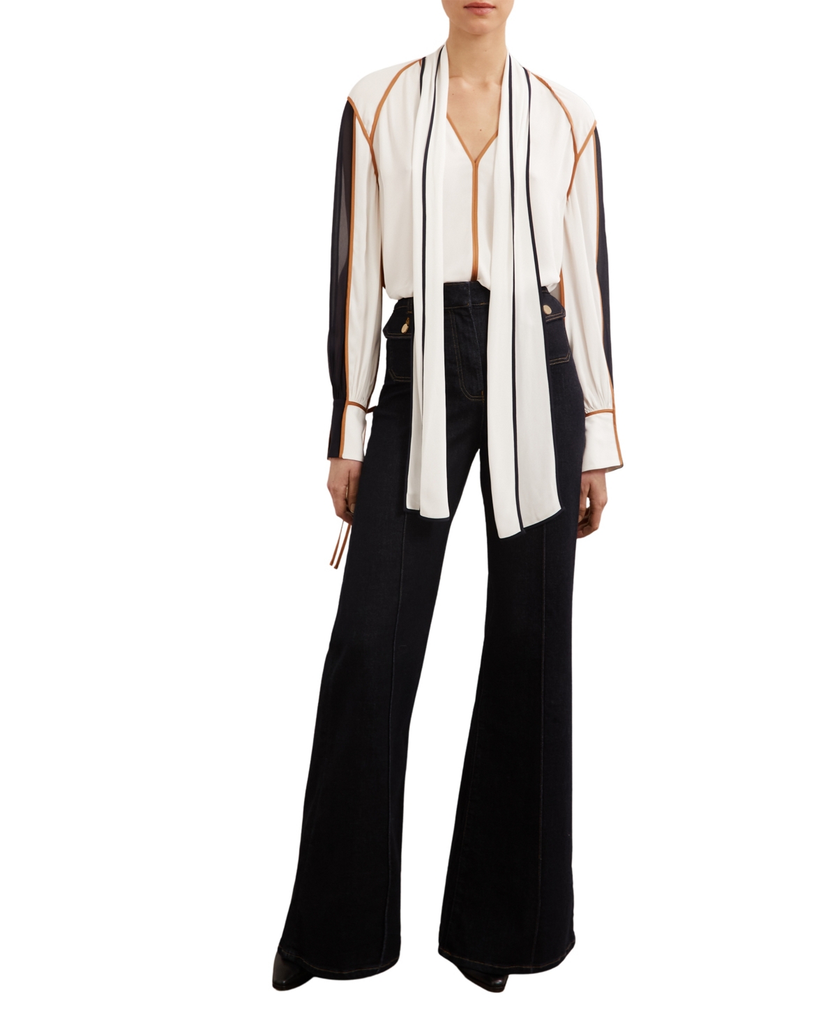 Click here for Reiss Womens Tipped Tie-Neck Blouse - Ivory prices