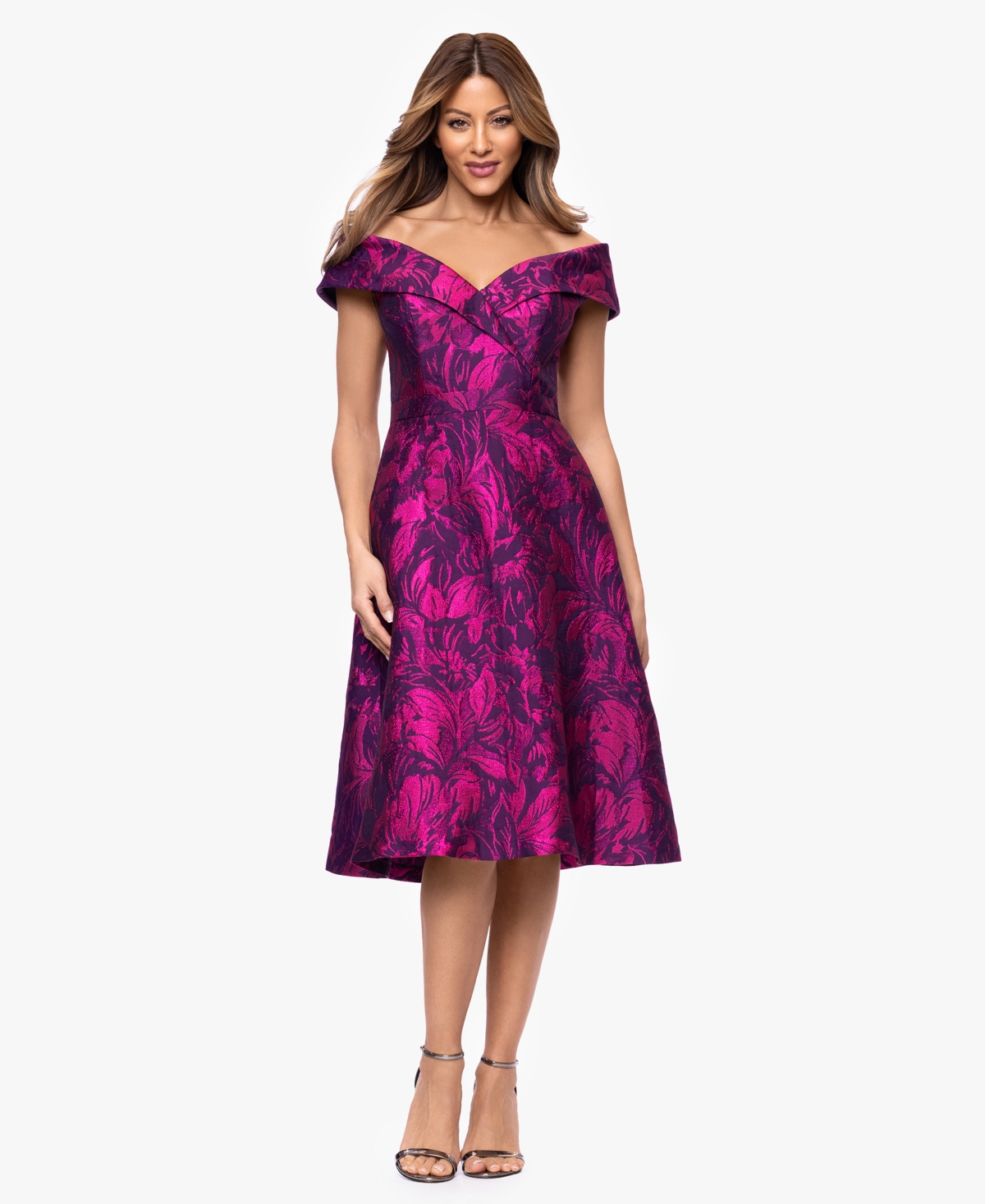 Click here for Xscape Womens Off-The-Shoulder Neck Midi Dress - F... prices