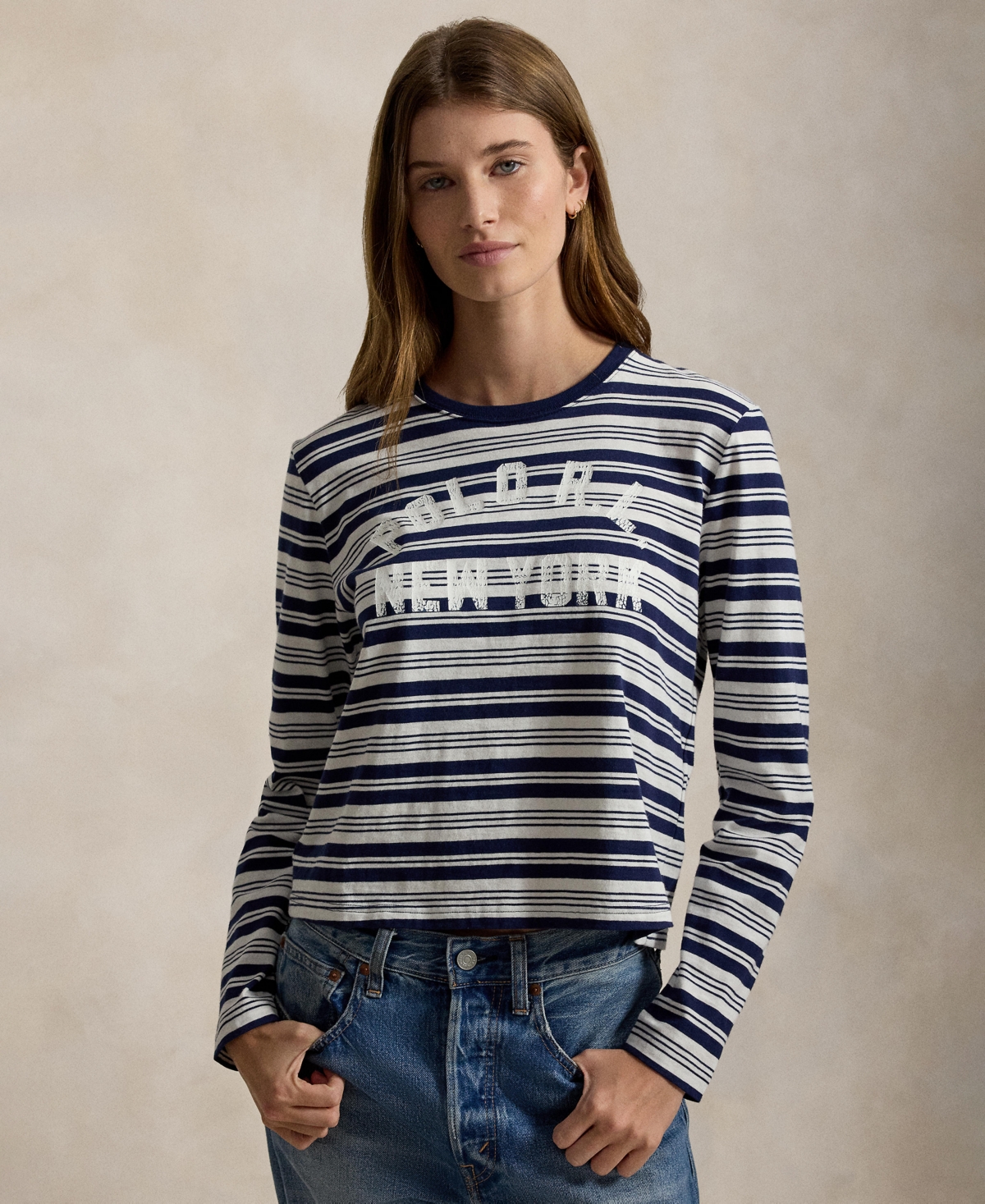 Click here for Polo Ralph Lauren Womens Striped Crewneck Long-Sle... prices
