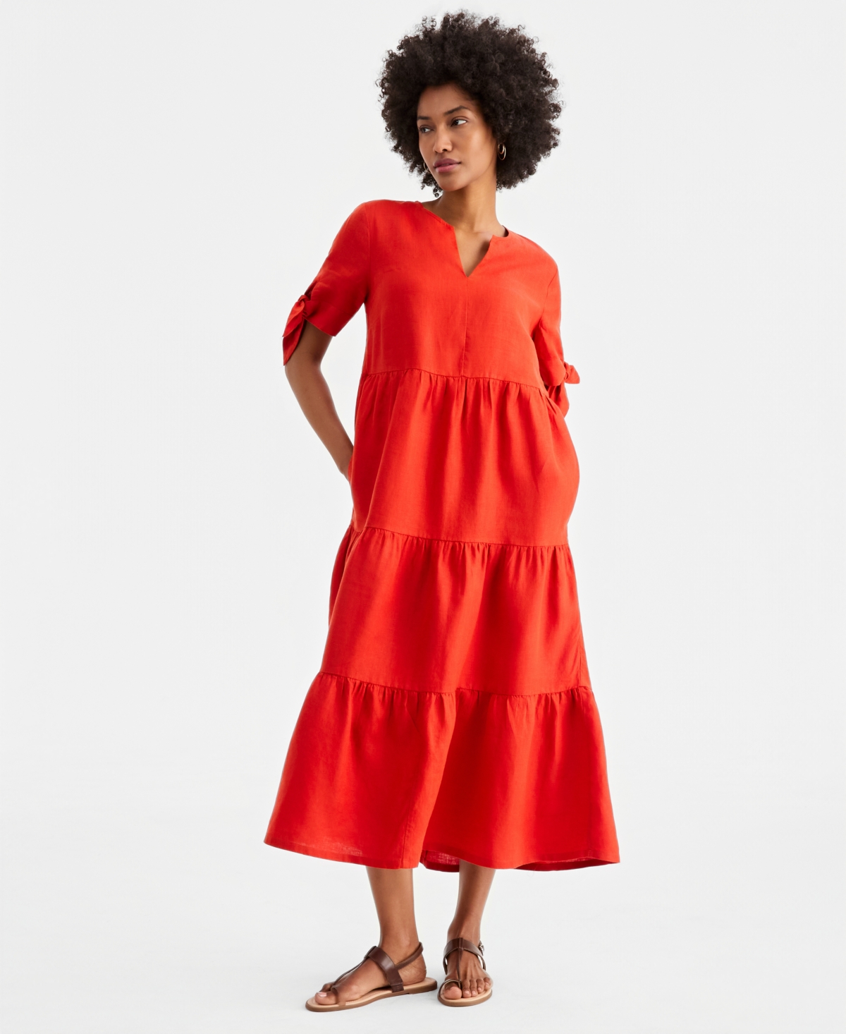 Click here for Charter Club Womens 100 Linen Tie-Sleeve Tiered Mi... prices
