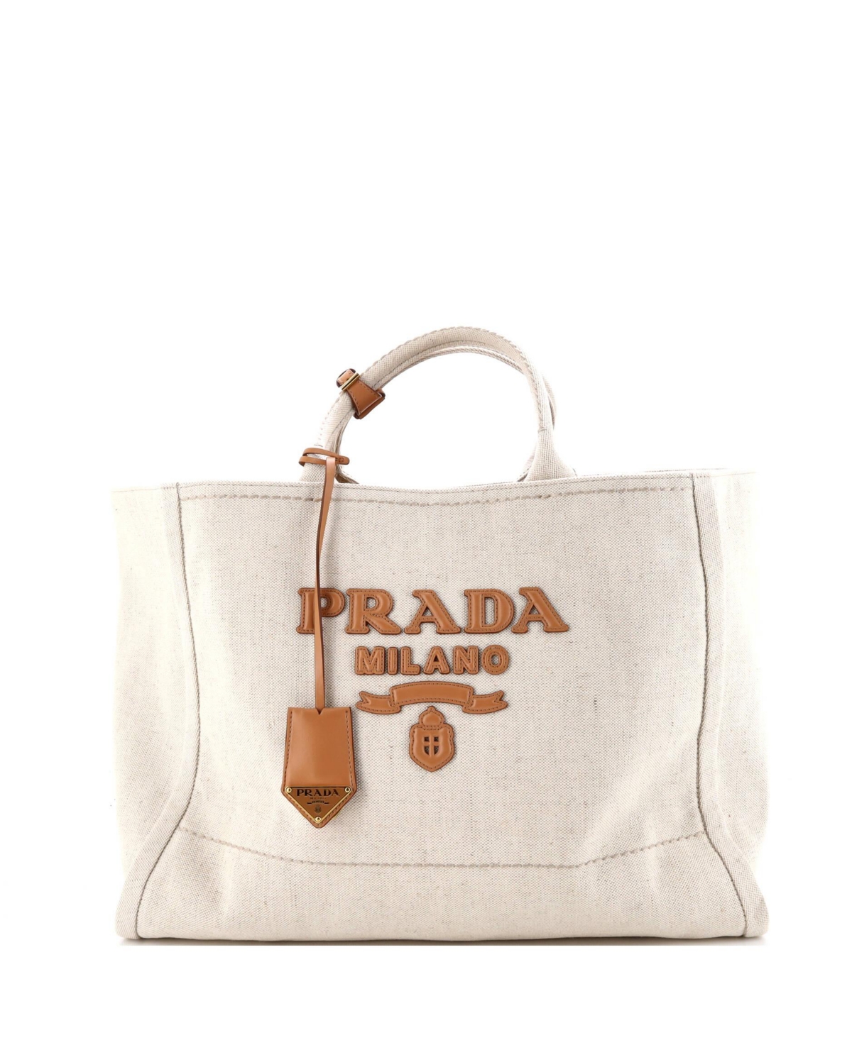 Click here for Pre-Owned Prada Large Logo Tote Linen Blend - Natu... prices