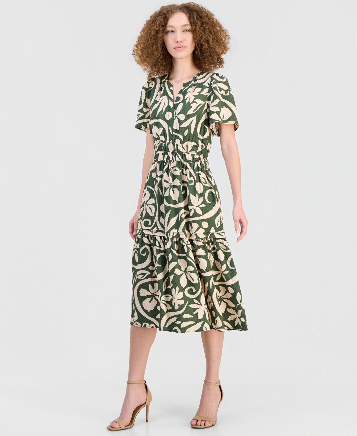 Click here for Robbie Bee Womens Elastic-Waist Tiered Midi Dress... prices