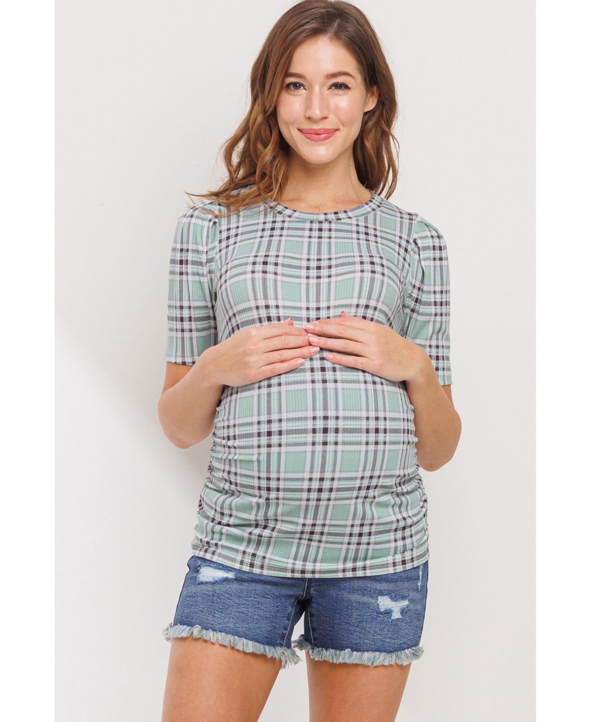 Click here for Hello Miz Maternity Plaid Ruched Puff Sleeve Fitte... prices