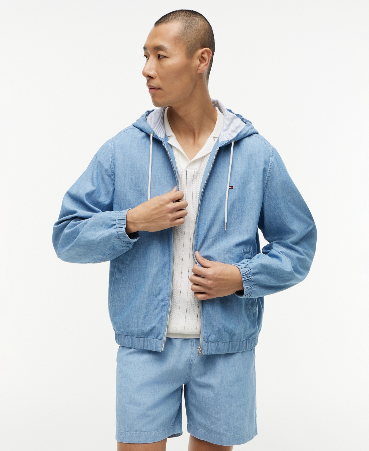 Click here for Tommy Hilfiger Mens Chambray Hooded Jacket - Mid W... prices