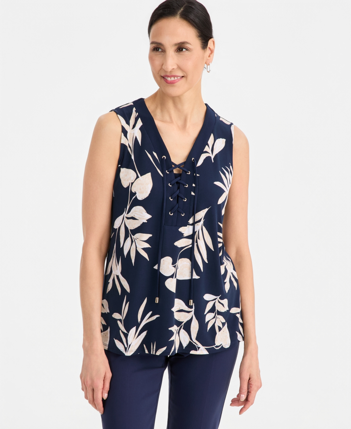 Click here for Jm Collection Petite Tropical Shade Lace-Up Tank T... prices