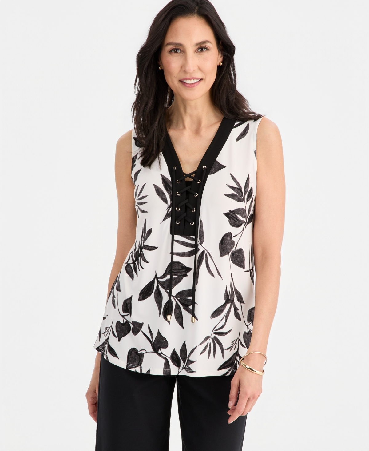Click here for Jm Collection Petite Tropical Shade Lace-Up Tank T... prices