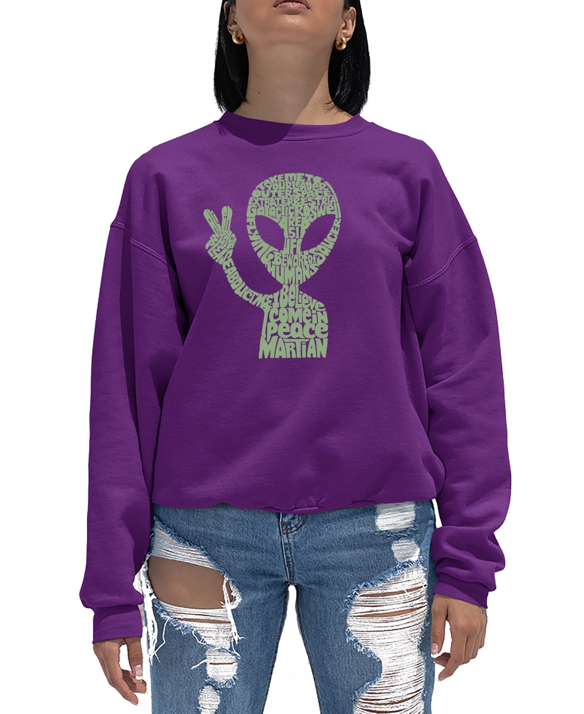 Click here for La Pop Art Womens Peace Alien Word Art Crewneck Sw... prices