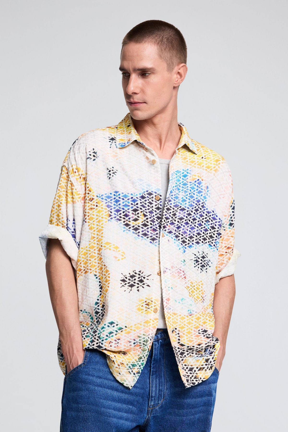 Click here for Desigual Mens Embroidered printed shirt - Off whit... prices