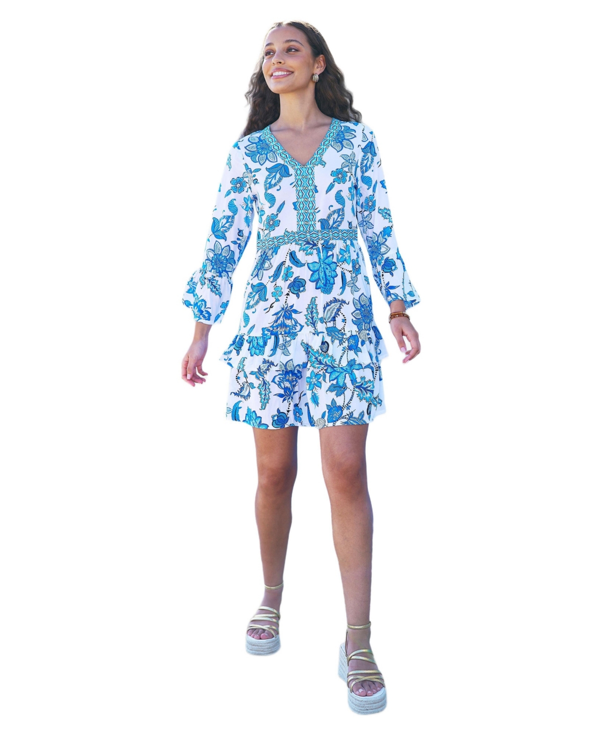 Click here for Yumi Womens Floral Beach Tunic Dress - Blue prices